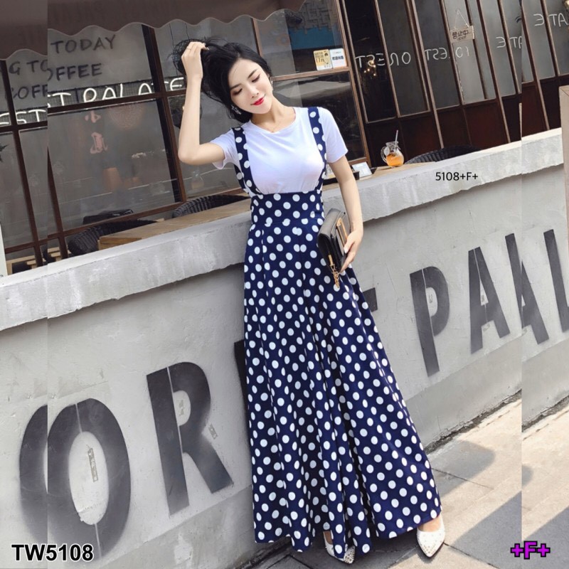 AK 5108 Set เสื้อยืดสีขาว + เอี๊ยมกางเกงลายจุด Polka Dot ...