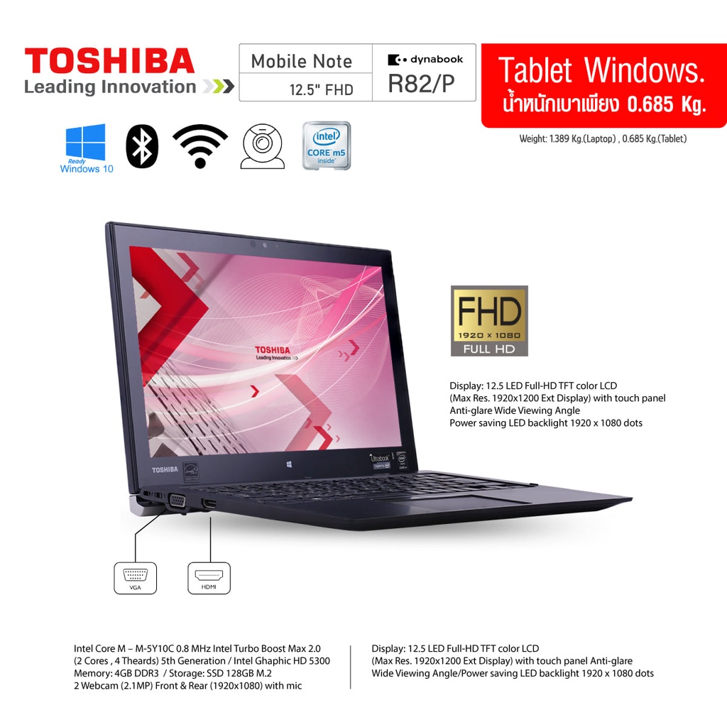 โน๊ตบุ๊ค/แท็บเล็ต Toshiba Dynabook R82/P Core m / RAM 4 GB / SSD 128 GB ...