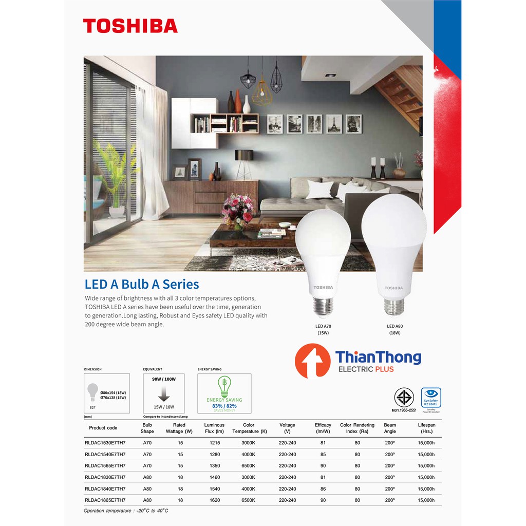 Toshiba หลอดไฟ LED โตชิบา A80 LED Bulb 18W E27 Daylight | Lazada.co.th