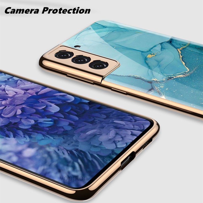 For Samsung Galaxy S21 Plus S21 Ultra Case Plating Tempered Glass Soft TPU Bumper Cover For ...