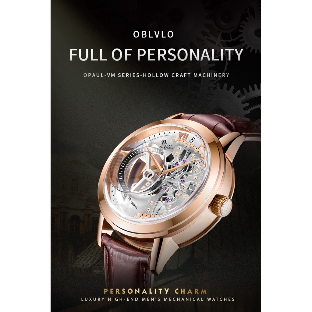 OBLVLO Casual Watches Mens Skeleton Dial Calfskin Leather Band Rose ...