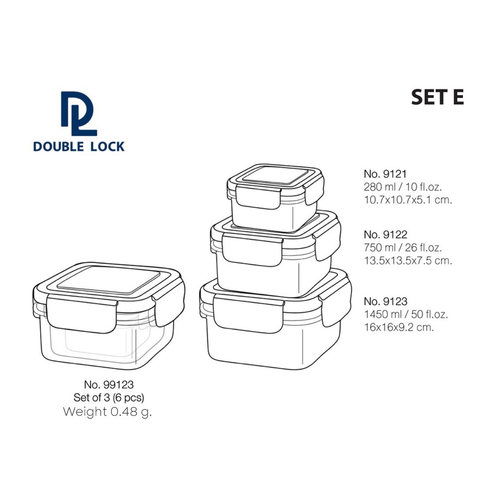 Double Lock Set ชุดกล่องถนอมอาหาร 6 ชิ้นรวมฝา (3 กล่องชุด Set) รุ่น ...