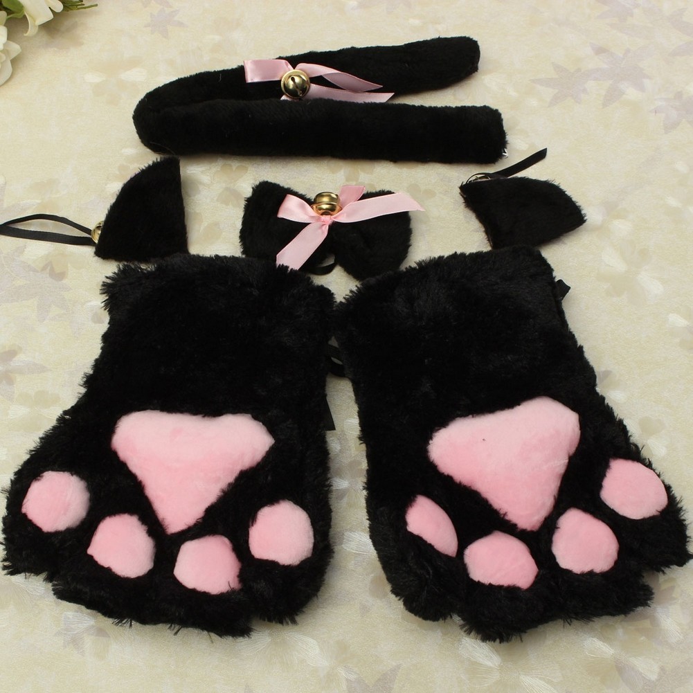 Cat Cosplay Set Paw Claw Gloves Ear Hairclip Tail Bow Tie Anime Costume ...