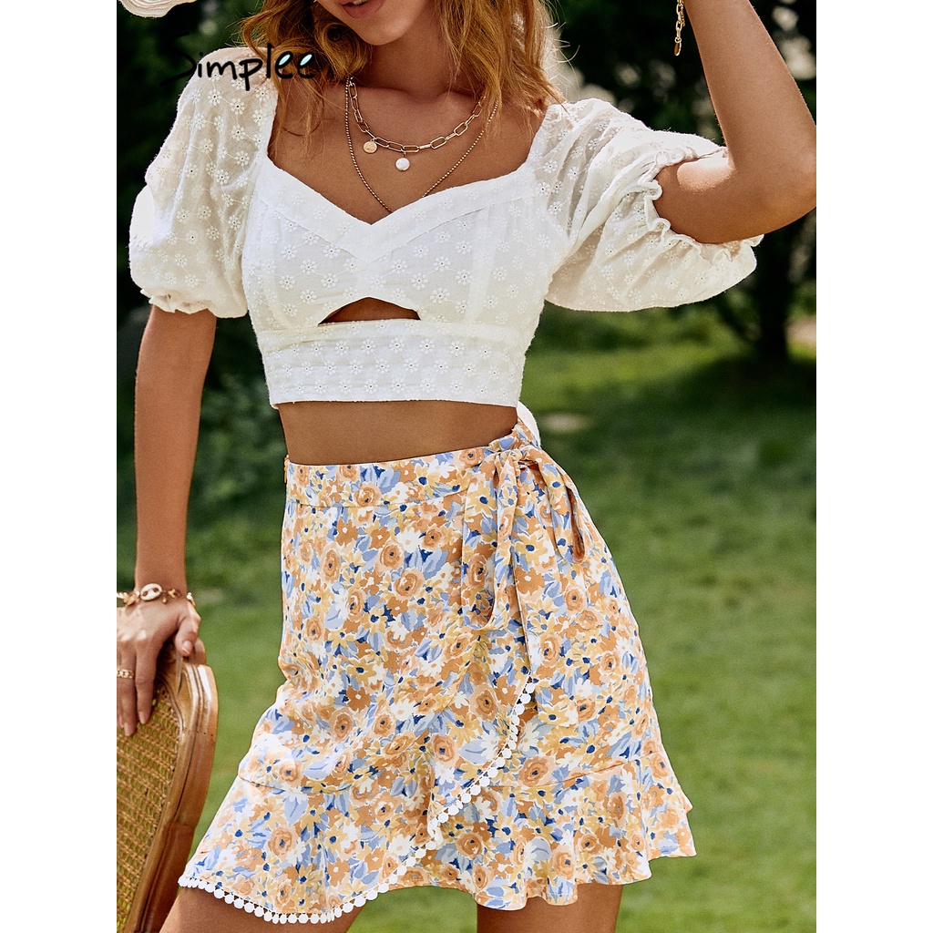 Simplee Holiday floral ruffle lace up women skirts summer Boho ...