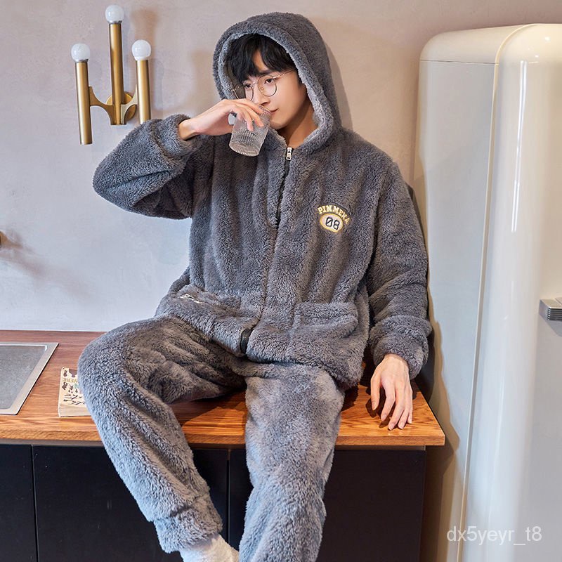 Pajamas men s autumn and winter coral fleece warm plus velvet thickened ...