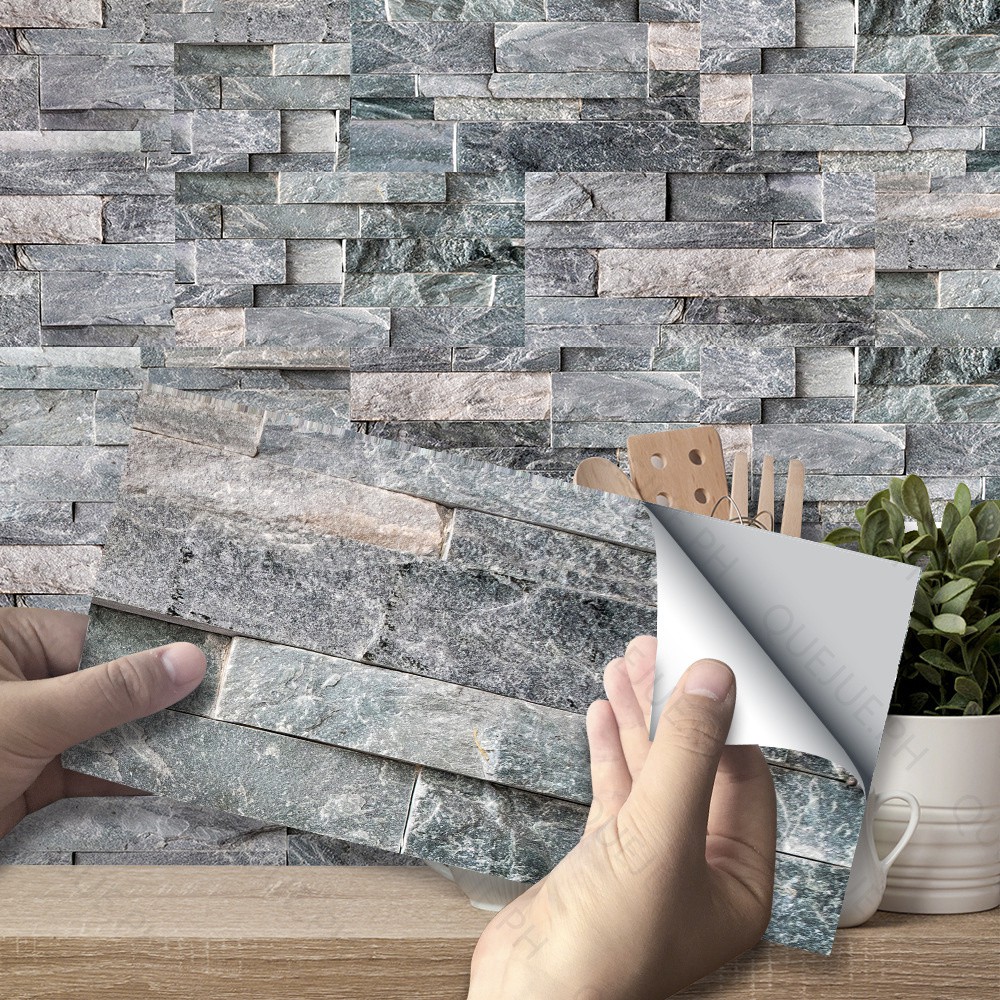 9PCS Gray Self-adhesive Stone Brick Wall Sticker Tile Sticker Bathroom ...