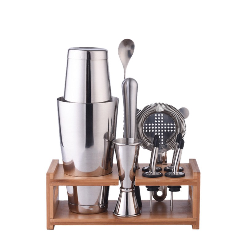 800Ml Stainless Cocktail Shaker Bartender Tools Set with Wooden Rack ...