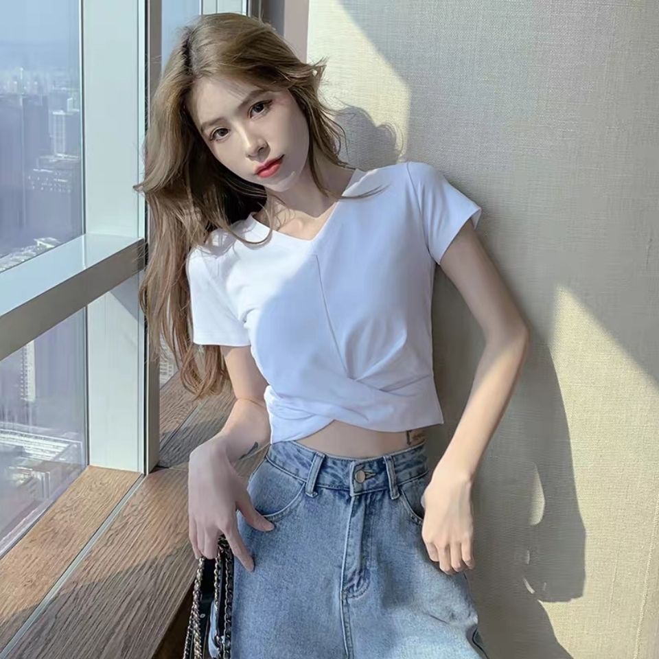 Yigui เสื้อยืดแขนสั้น เอวสูง เข้ารูป เข้ากับทุกการแต่งกาย แฟชั่นฤดูร้อน ...