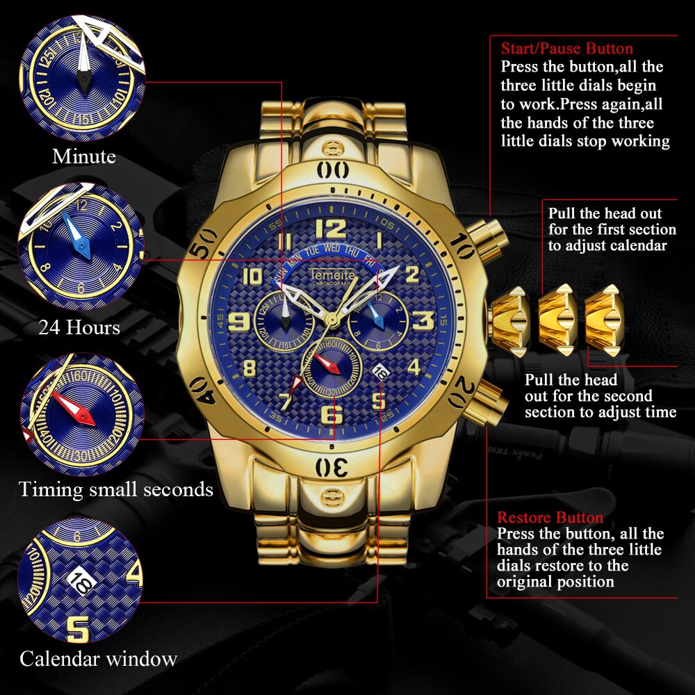 TEMEITE Big Watch Men Stainless Steel Strap 3 Dial 6 Hands Fashion ...