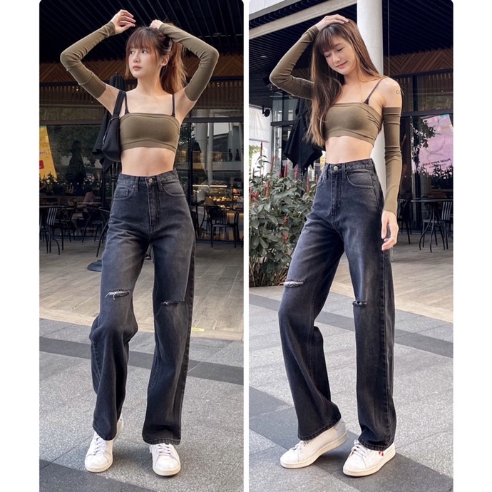 กางเกงยีนส์ Oops Jeans กางเกงยีนส์ขายาวทรงกระบอกแต่งขาดเกร๋ๆ Peemai