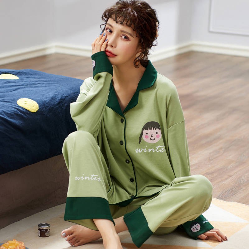 ชุดนอน ชุดนอนด้าย Pajamas Women Autumn And Winter Cotton Long Sleeved