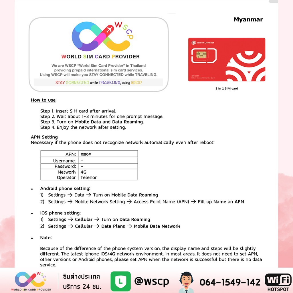Myanmar Sim Card 500MB 128kbps per day : ซิมพม่า 3-8 วัน by WSCP ...