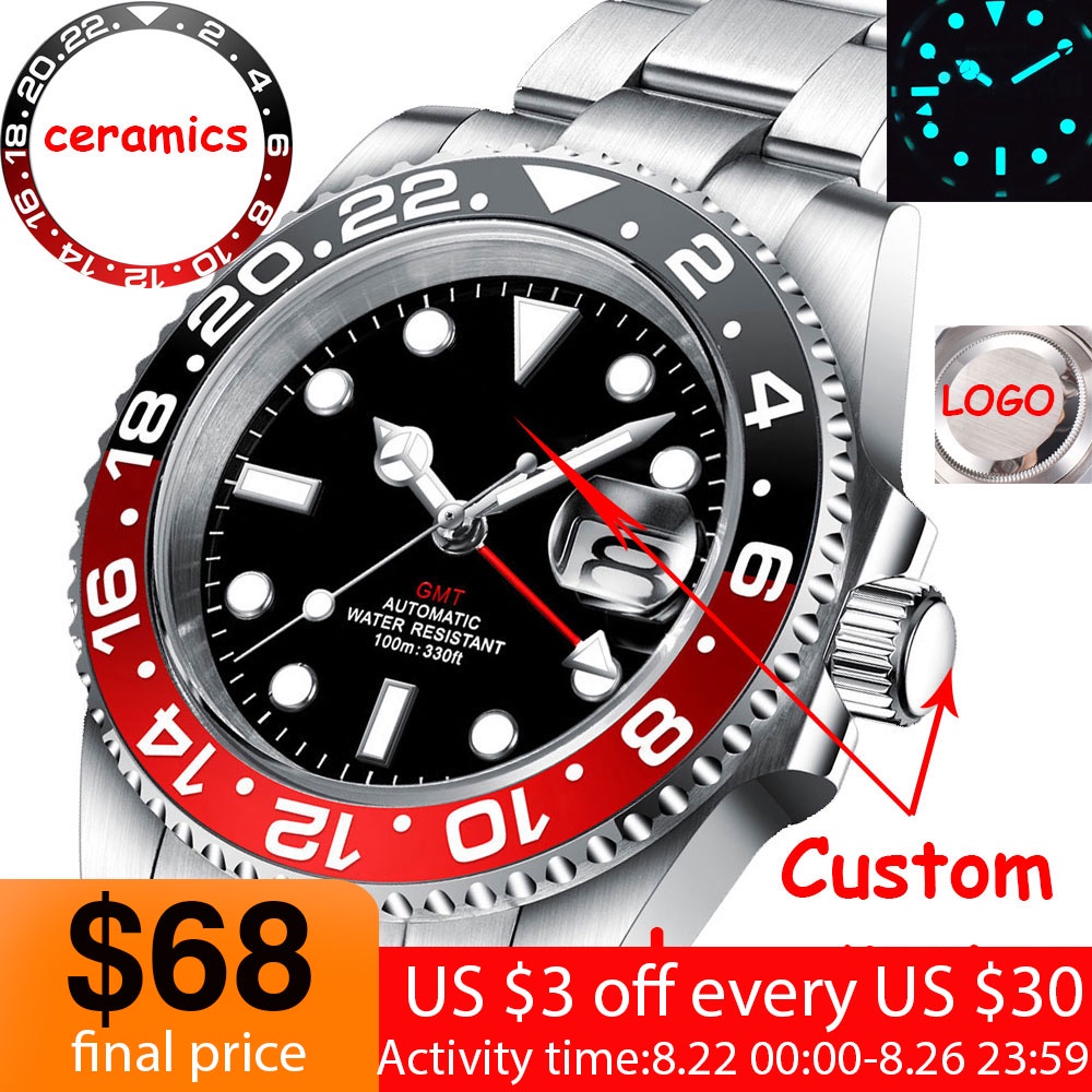 Custom New Luxury Men Mechanical Wristwatch Stainless Steel GMT Watch ...