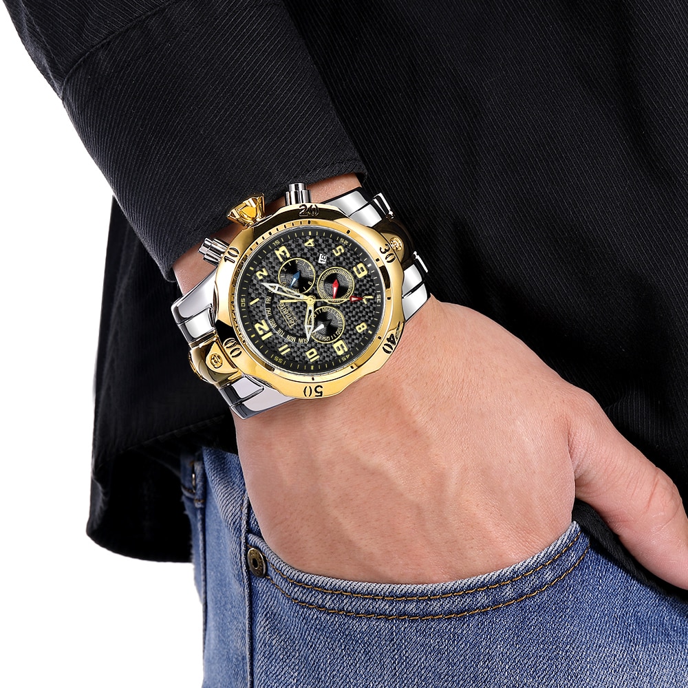 TEMEITE Big Watch Men Stainless Steel Strap 3 Dial 6 Hands Fashion ...