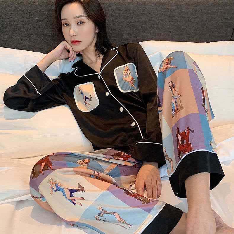 ชุดนอน ชุดนอนด้าย Pajamas Womens Spring And Summer Ice Silk Long