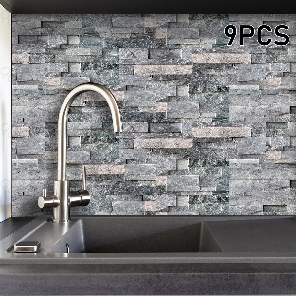 9PCS Gray Self-adhesive Stone Brick Wall Sticker Tile Sticker Bathroom ...