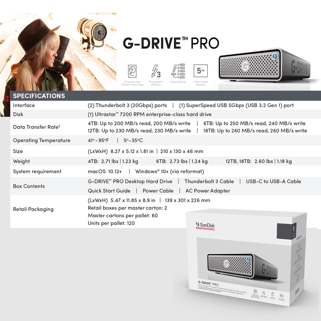 SanDisk Professional G-DRIVE PRO 4TB 6TB 12TB 18TB Thunderbolt 3 (20Gbps) USB-C (5Gbps)7200RPM ...