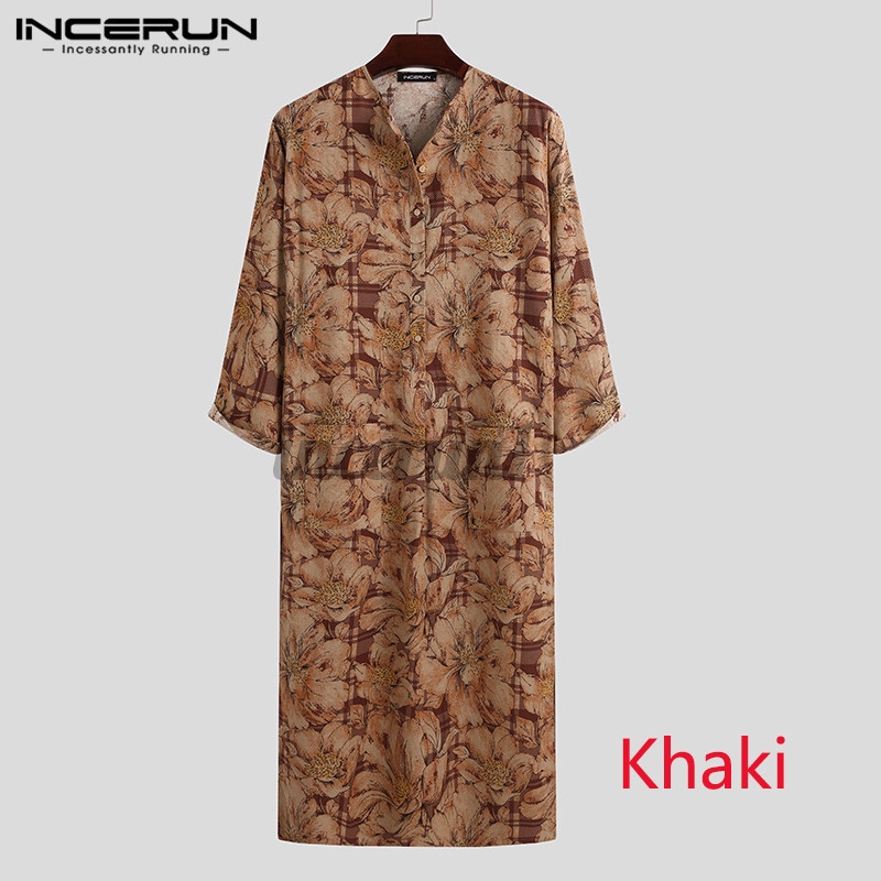 INCERUN Men Linen Ethnic Floral Long Sleeve V Neck Baggy Long Top ...