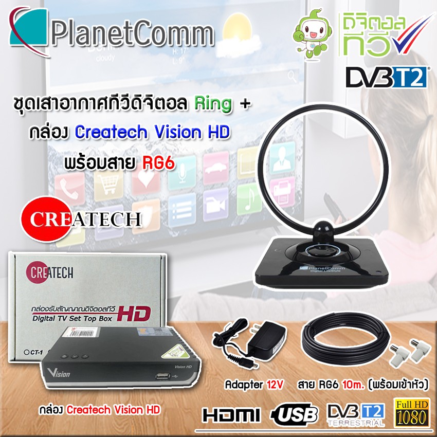ชุดเสาอากาศทีวีดิจิตอล PlanetComm รุ่น Ring + กล่อง Createch Vision HD พร้อมสาย RG6 ยาว 10m ...
