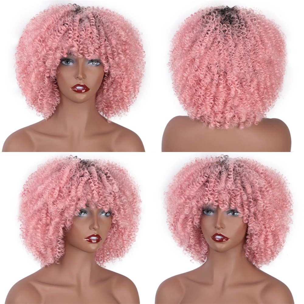 AISI HAIR 14inches Afro kinky Curly Wig Ombre Black Pink Wig With Bangs ...