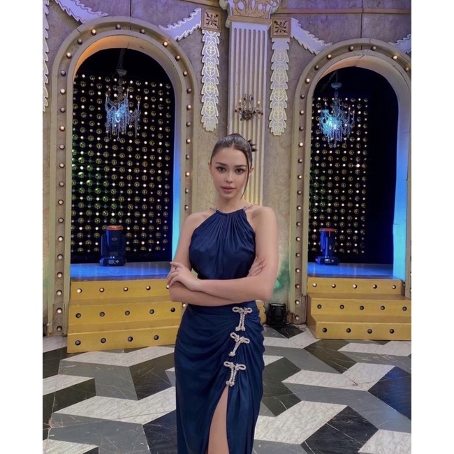 M8 Xs-L Maxi dress แม็กซี่เดรส เดรสยาว สายเดี่ยว เข้ารูป สีรม เดรสออกงาน ชุดออกงาน ชุดราตรี ...