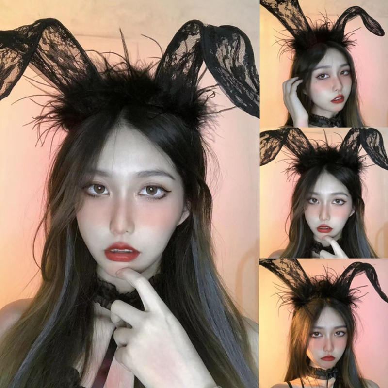 ℜ ℜ Black Lace Sexy Headbands Bunny Ears Hairband Feather Rabbit Ears