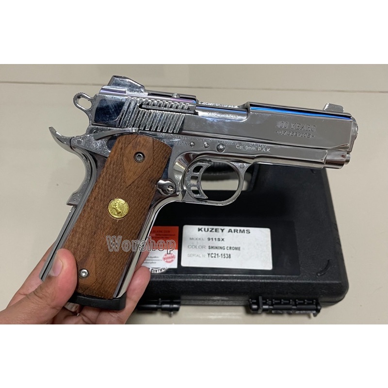 Blank Kuzey M1911 9 mm P.A.K. ด้ามไม้แท้ สีเงิน เงา สำหรับเหมาะการแสดง ...