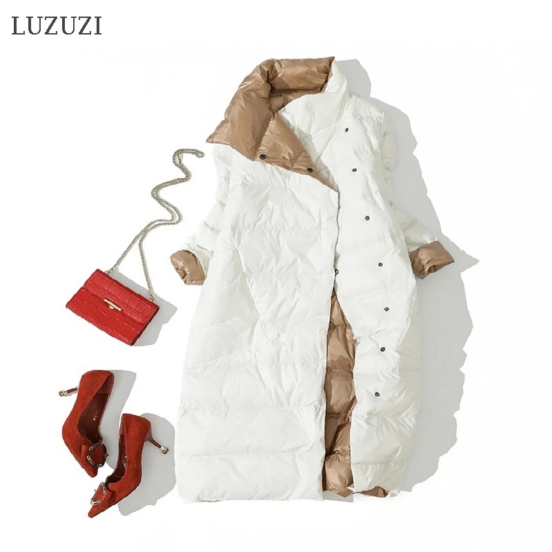LUZUZI 2020 Women Double Sided Down Long Jacket Winter Turtleneck White ...