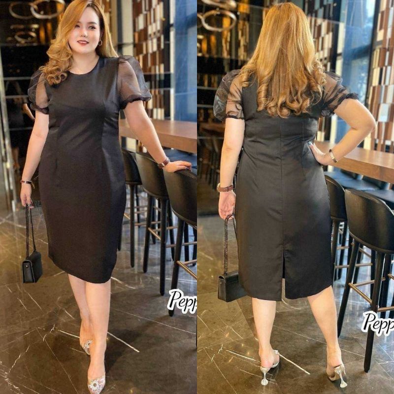 เดรสสาวอวบ ไซส์ 3XL-6XL เดรสเรียบหรู แขนผ้าแก้วพองๆน่ารัก ซับในทั้งชุด ใส่ได้หลายโอกาสนางแบบใส่ ...