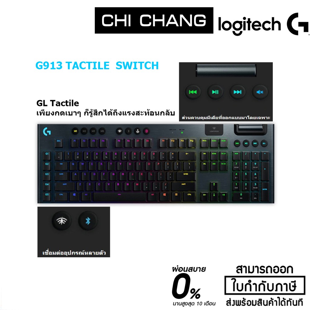 LOGITECH G913 LIGHTSYNC WIRELESS RGB KEYBOARD (EN/TH) 920-008914 ...
