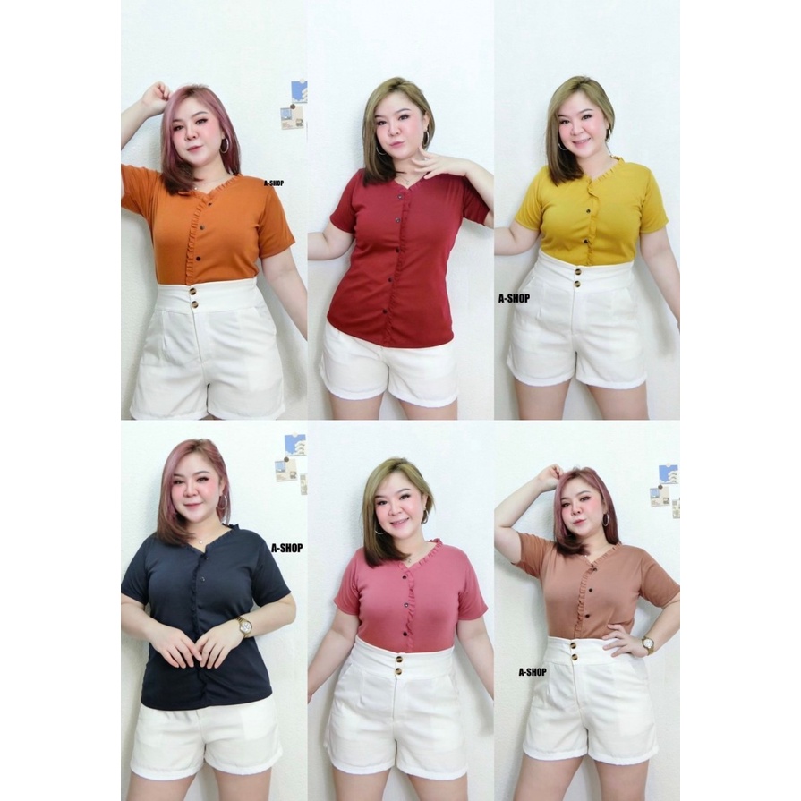 AS02 เสื้อยืดคอวีแขนสั้น แต่งระบายน่ารัก กระดุมแกะไม่ได้ สาวอวบ อก 40 ...