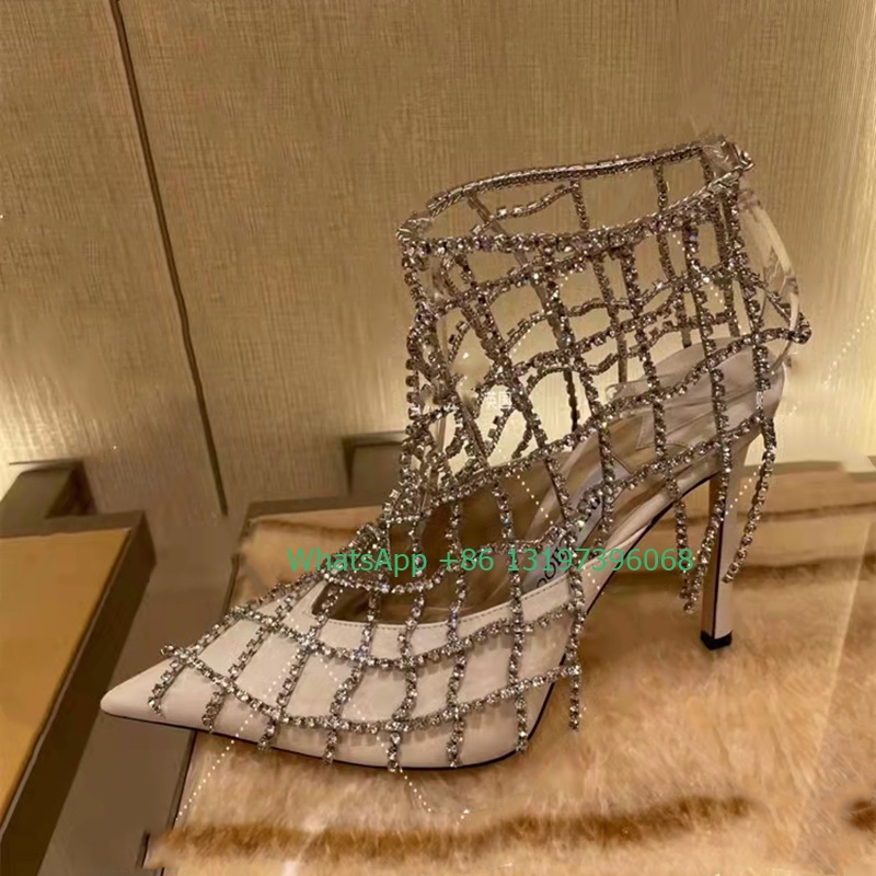 Ladies rhinestone mesh pointed toe high heels women39s spring new mix ...