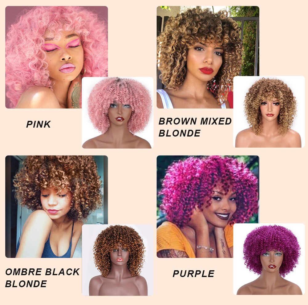 AISI HAIR 14inches Afro kinky Curly Wig Ombre Black Pink Wig With Bangs ...