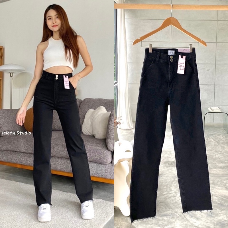 Chuu -5kg New Color️ กางเกงทรงกระบอกสีดำ เอวสูง แต่ง 2 กระดุม สวยเท่ห์มาก - icloth.studio - ThaiPick