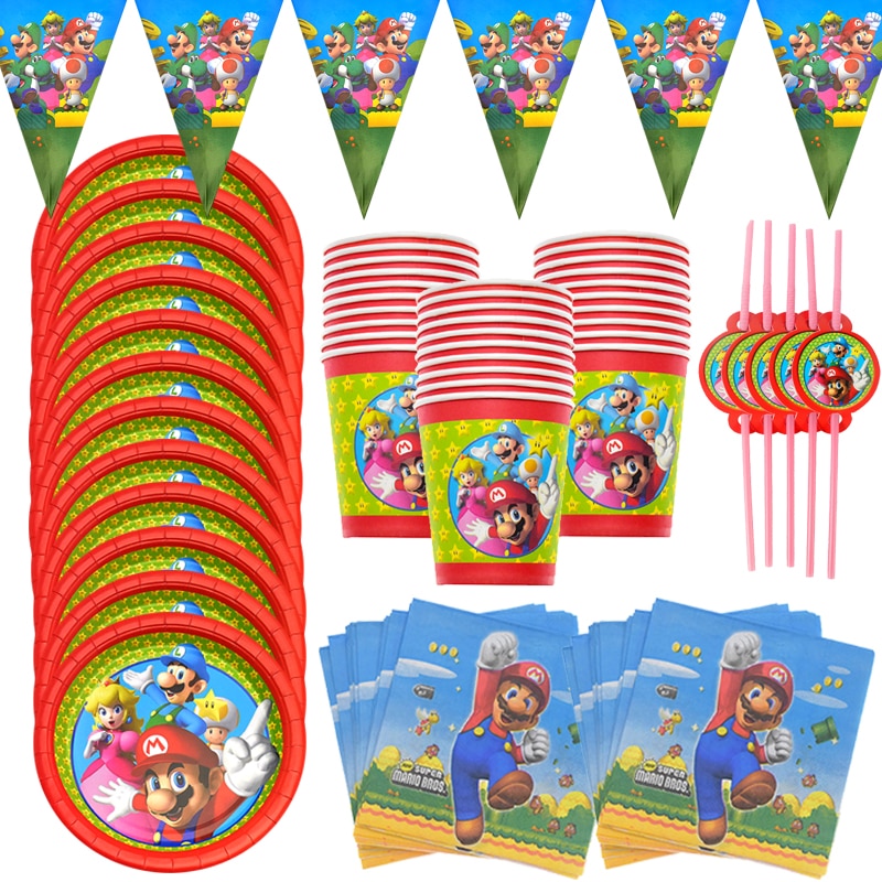 Super Mario birthday party disposable plates cup napkin Straws set ...
