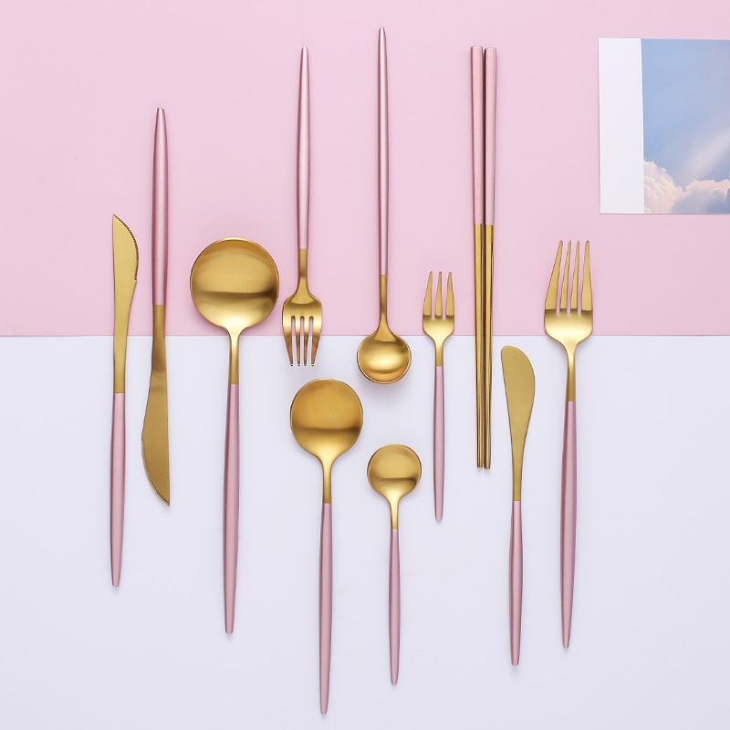 304 Stainless Steel Pink Gold Cutlery Set Dinnerware Dinner Knife Spoon ...