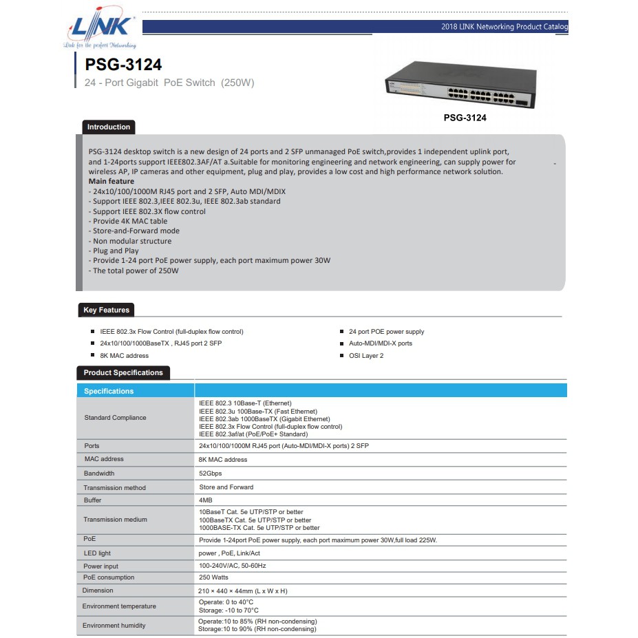 LINK 24-Port Giga PoE Switch 24 GE (PoE) + 2 SFP (GE) (250W) รุ่น PSG-3124 - storetexshop - ThaiPick
