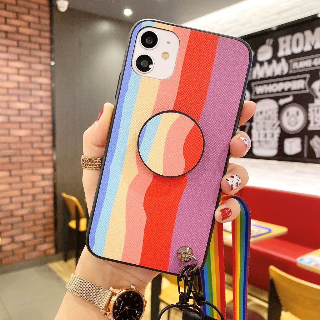 เคสโทรศัพท์มือถือลายสีรุ้งพร้อมสายคล้องข้อมือพีซีสําหรับ Huawei Y6 Y7 ...