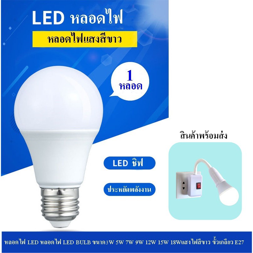 หลอดไฟ LED หลอดไฟ LED BULB ขนาด3W 5W 7W 9W 12W 15W 18Wแสงไฟสีขาว ขั้วเกลียว E27 (สินค้าพร้อมส่ง ...
