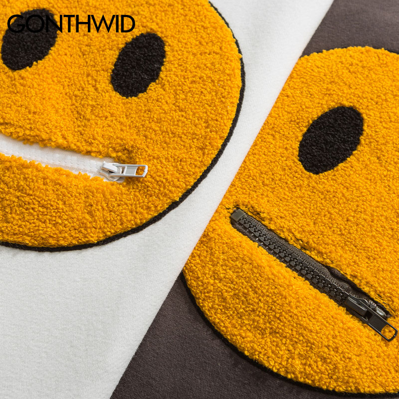 GONTHWID Zipper Pocket Smile Face Patchwork Fleece Hoodies Sweatshirts ...