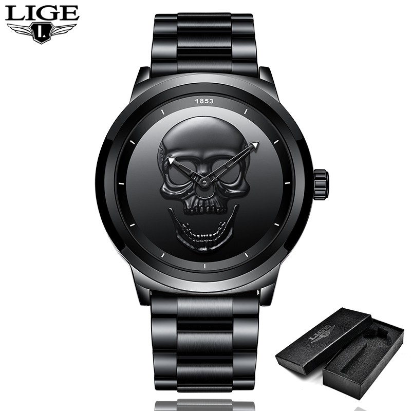 LIGE Cool Skeleton Skull Watch Men Full Stainless Steel Waterproof ...