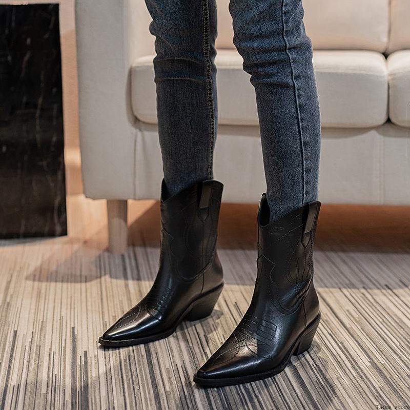 Retro Black Knight Boots Women Short Boots 2022 New Western Cowboy ...