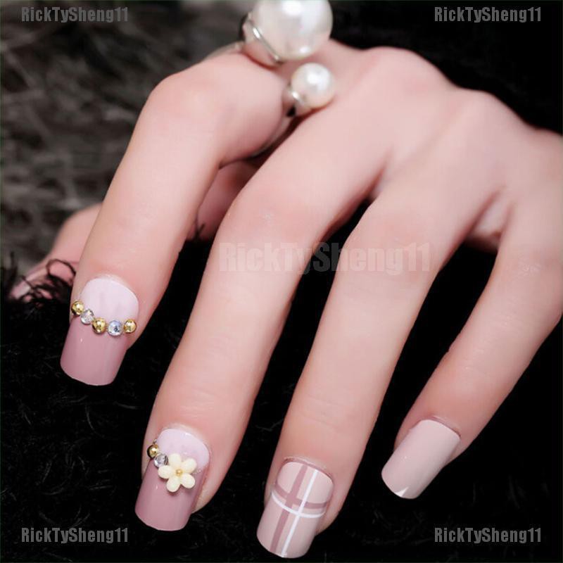 [cod Rts]24pcs Gold Flower False Nails Acrylic Uv Gel Full French Fake