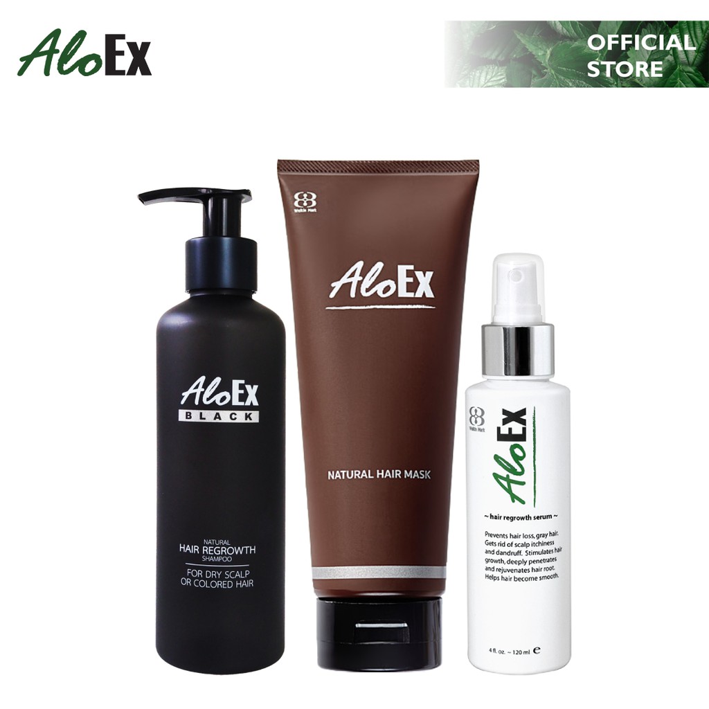[ส่งฟรี EMS] AloEx 3 Steps Set ชุดดูแลหนังศรีษะ Set B Serum 120ml. + Black Shampoo + Hair Mask ...