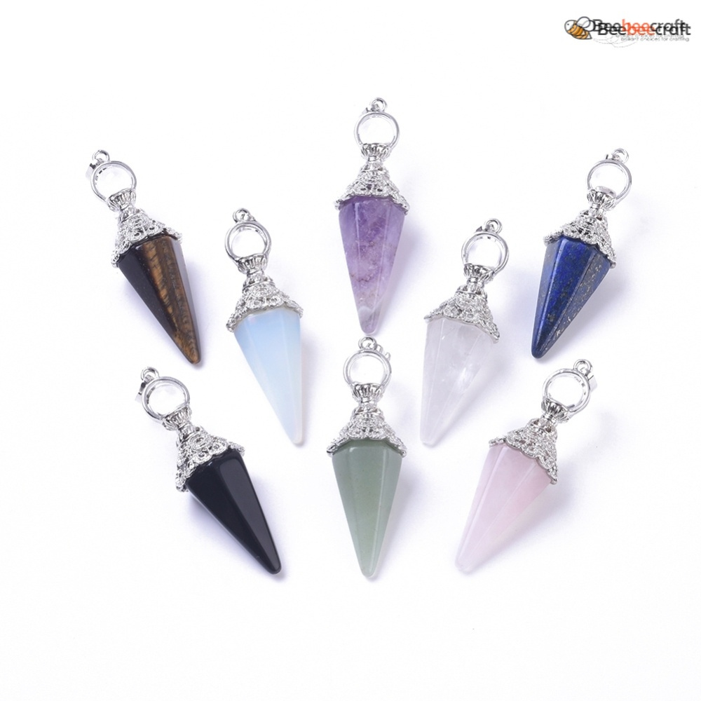 BeeBeecraft 10pcs Natural Synthetic Mixed Gemstone Pendants Cone Pendulum Pendants with Platinum ...