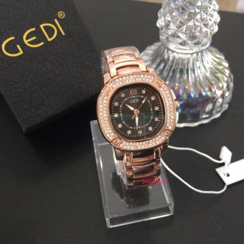 GEDI Watch นาฬิกาผู้หญิง หน้าปัดสไตล์ปาเต๊ะ สีพิงค์โกล์ หน้าปัดสีดำ ...