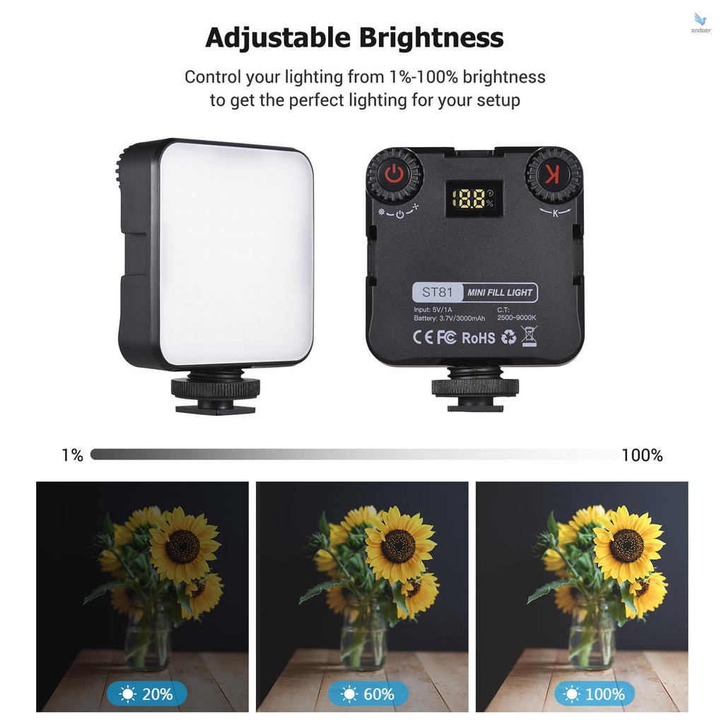Andoer ST81 ไฟวิดีโอ LED 2500K-9000K อุณหภูมิ 2 สี ปรับได้ CRI95+ พร้อม 3 ตัวยึด สำหรับ VLOG ...