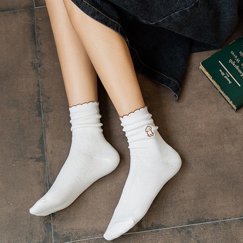 ถุงเท้าผ้าฝ้ายถัก ลายสุนัขน่ารัก สีพื้น สําหรับผู้หญิง 1 แพ็ก OUYOU ...