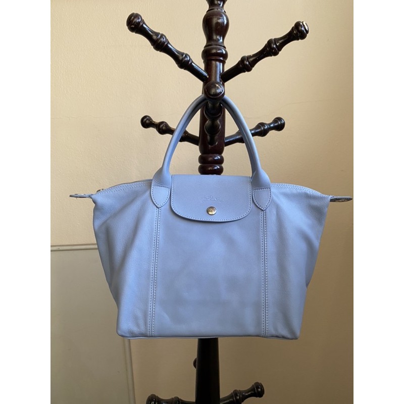 Longchamp Le Pliage Cuir Top Handle Bag S Sky blue | Shopee Thailand