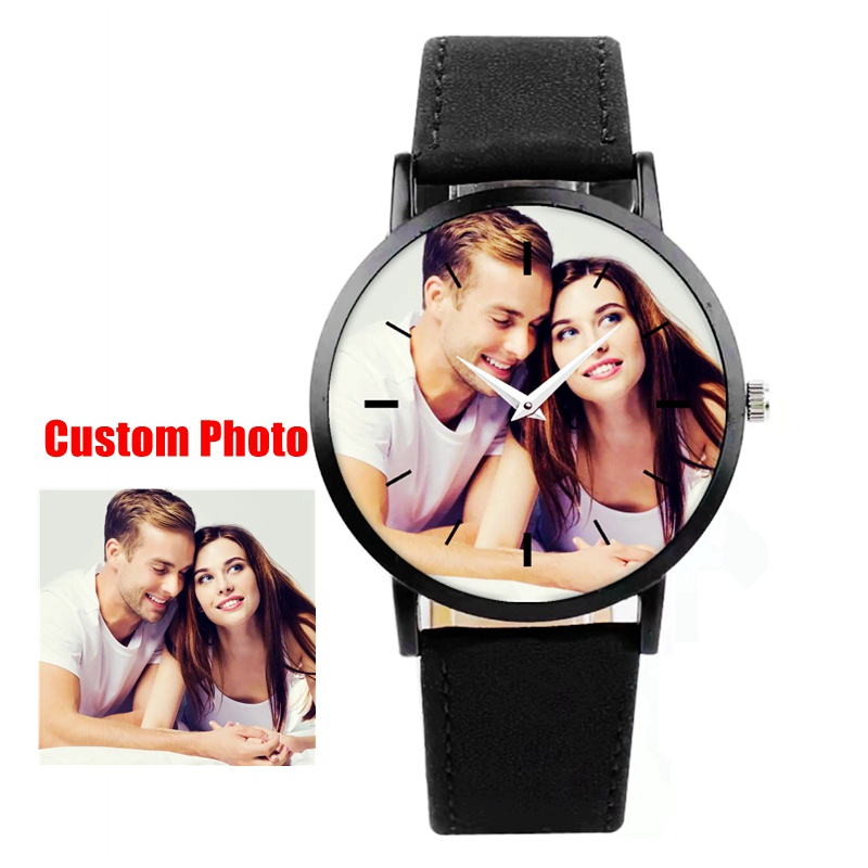 Custom Photo Watch For Couple All Black Leather Unisex Quartz ...